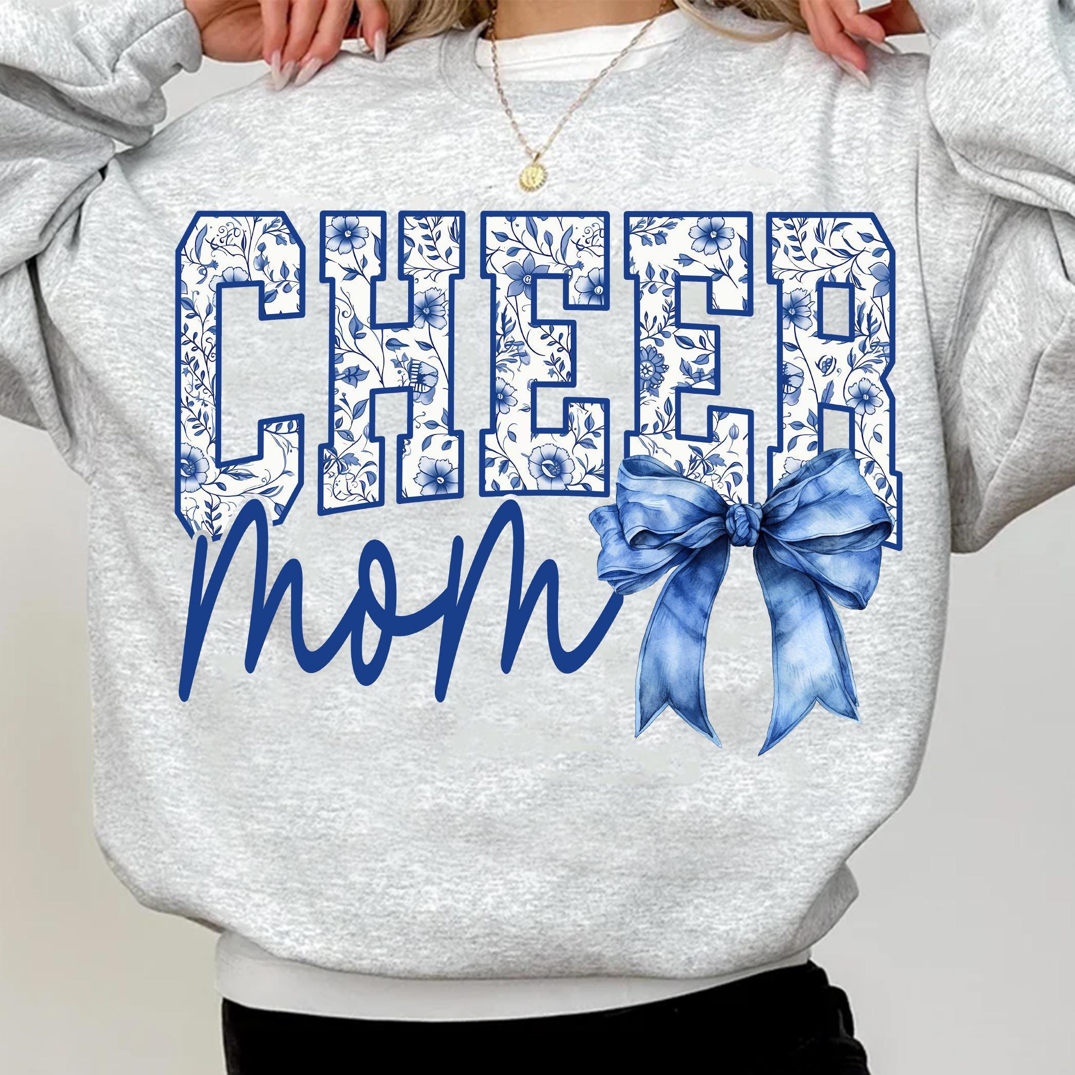 Cheer Mom Floral Toile Blue Water Color Coquette Bow Png, Cheerleader ...