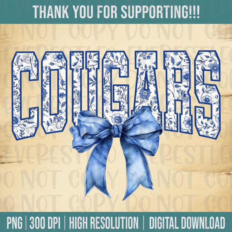 Digital Png File Cougars Mascot Floral Toile Blue Water Color Coquette ...