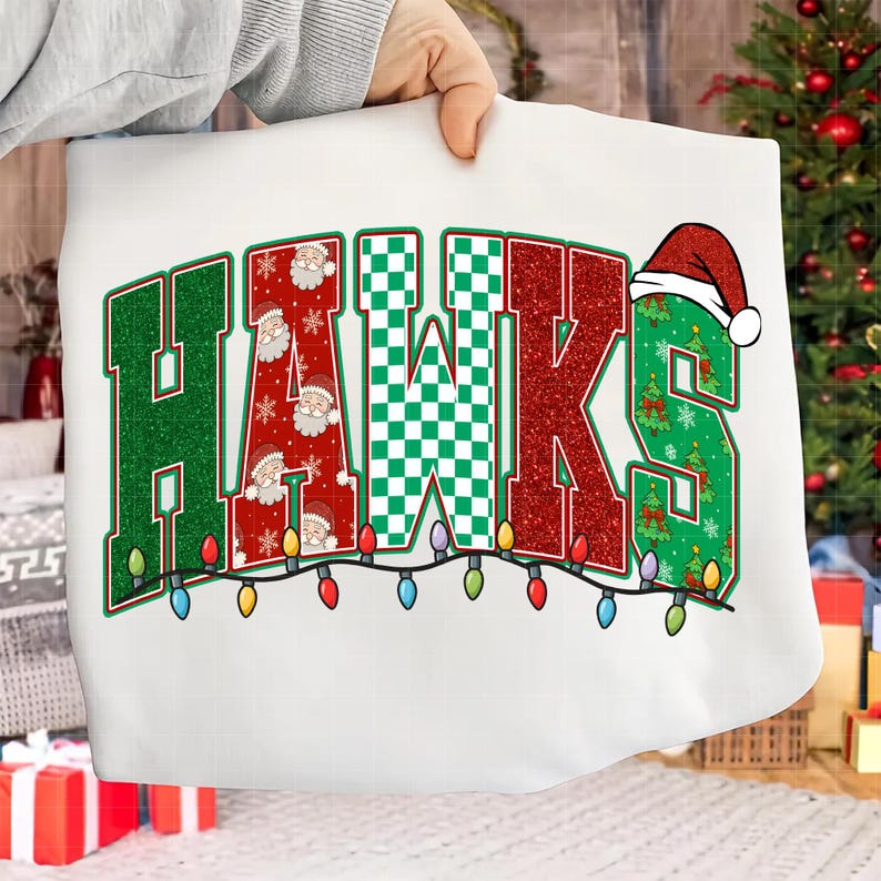 Hawks Christmas PNG, Retro Checkered Glitter Letters PNG, Santa Hat ...