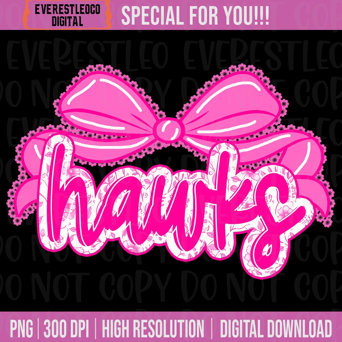 Hawks Png, Hawks Mascot Floral Toile Pink Water Color Coquette Bow ...