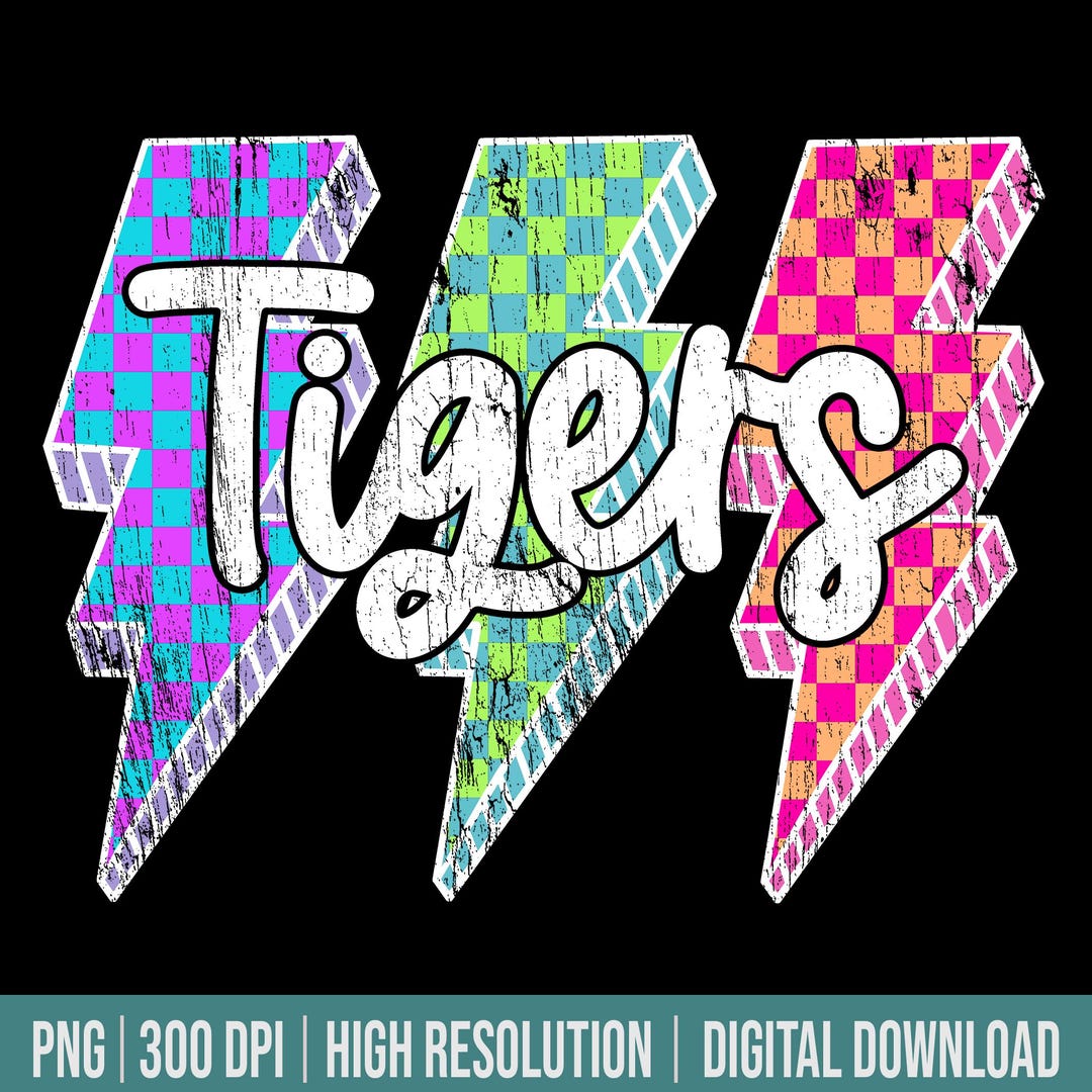 Tigers Mascot Png Lightning Bolt Checkered Png Retro Tigers Sublimation ...