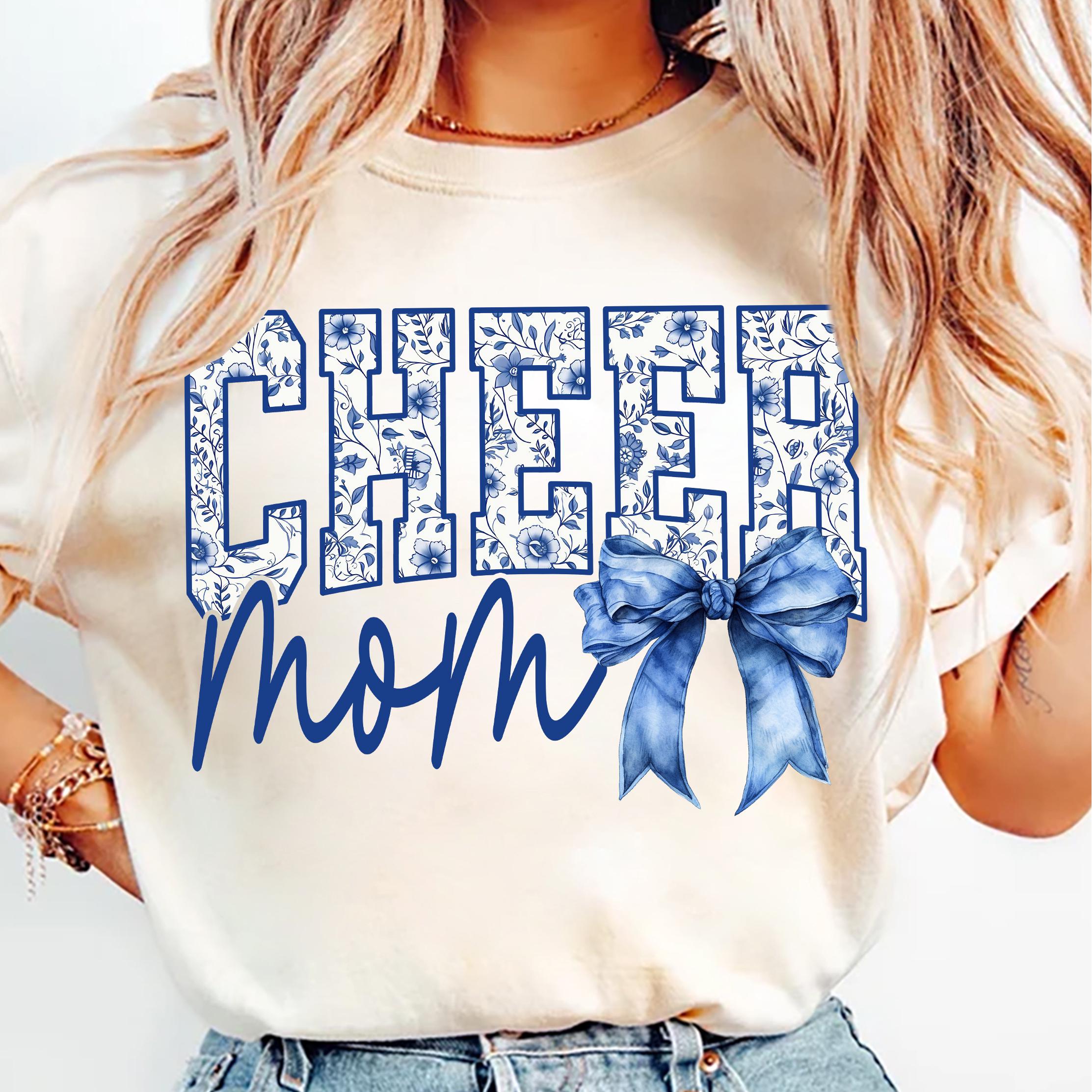 Cheer Mom Floral Toile Blue Water Color Coquette Bow Png, Cheerleader ...