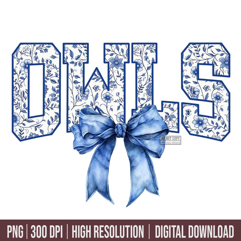 Owls Png, Owls Mascot Floral Toile Blue Water Color Coquette Bow, Team ...