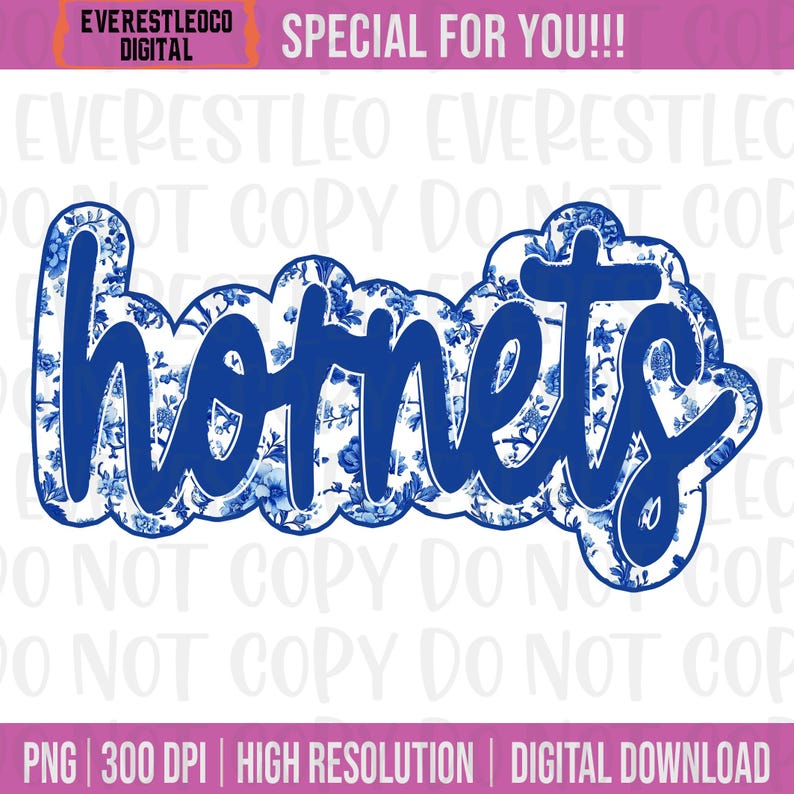 Hornets Png, Hornets Mascot Floral Toile Blue Water Color, Team PNG ...