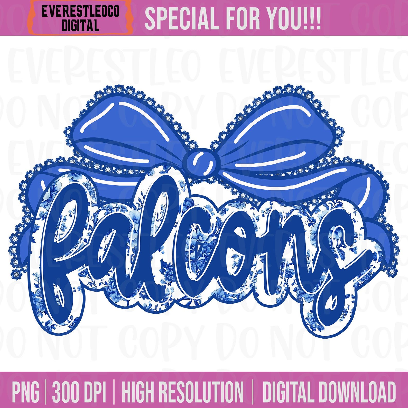 Falcons Png, Falcons Mascot Floral Toile Blue Water Color Coquette Bow ...