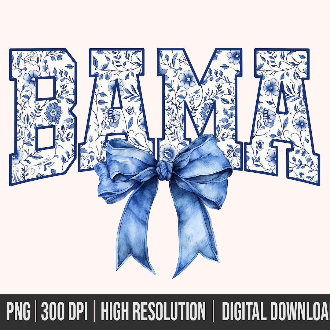 Bama Mascot Png Floral Toile Blue Water Color Coquette Bow Png, Bama ...
