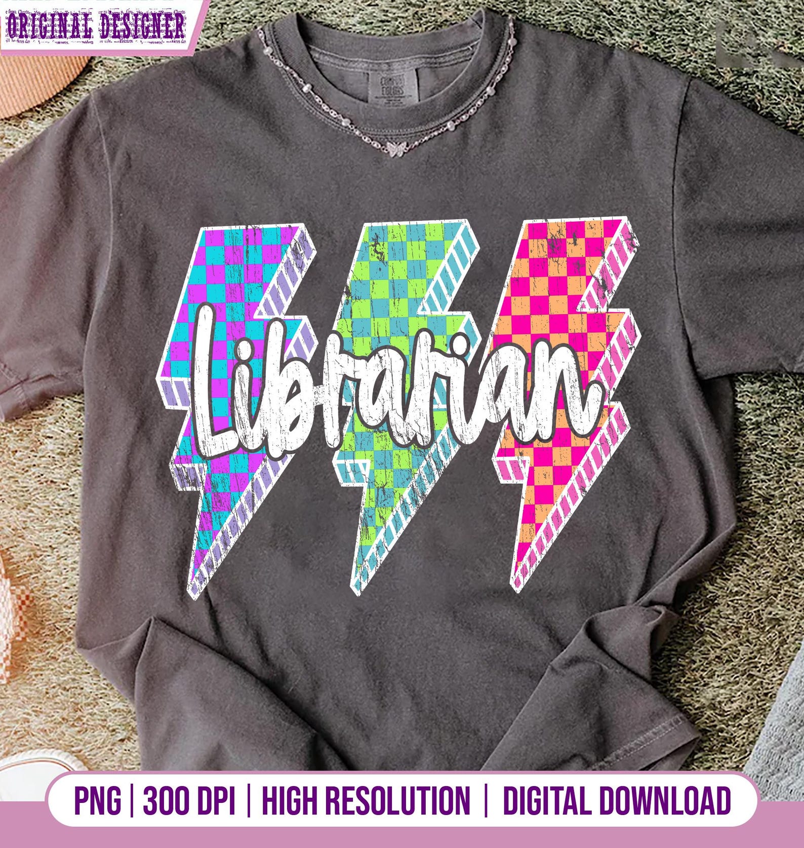 Lightning Bolt Librarian Png, Back to School Png, Neon Checkered ...