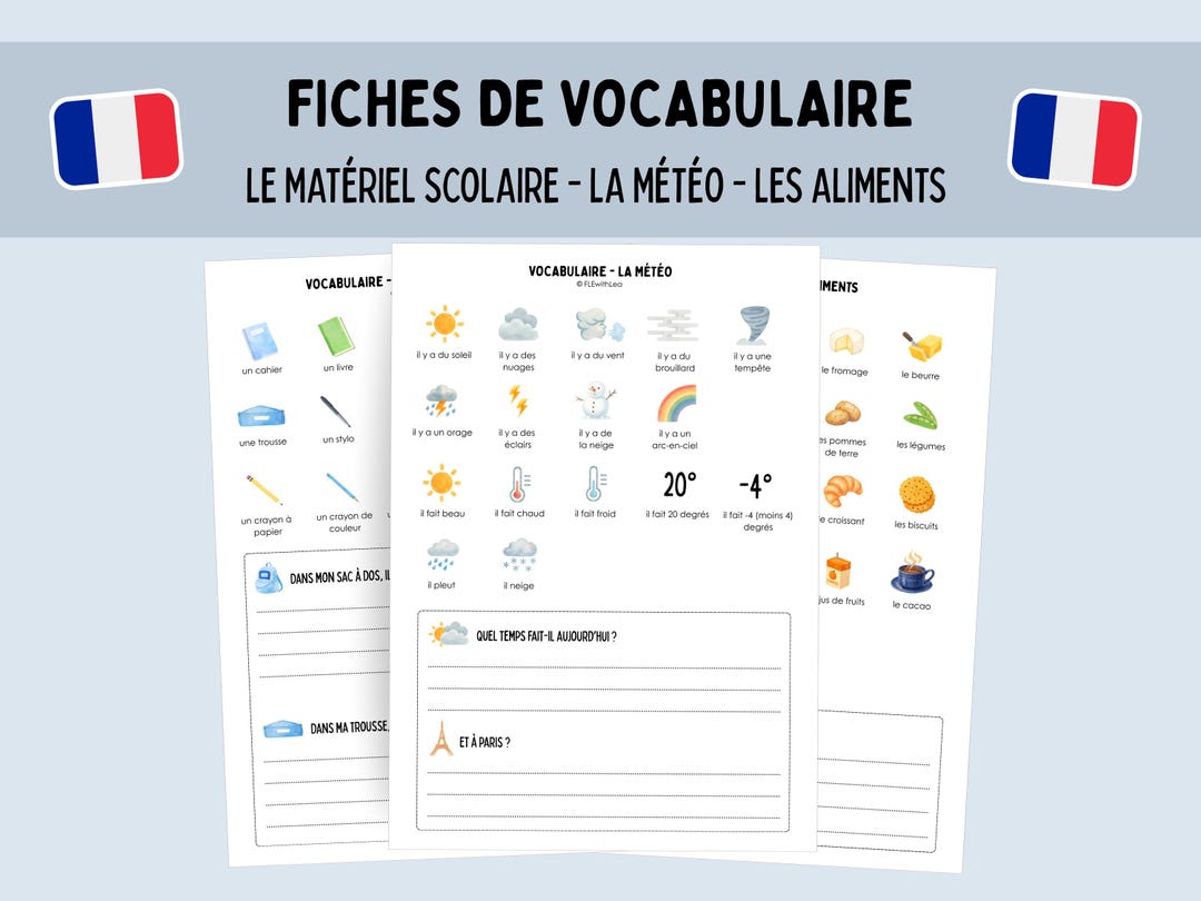 Fiches De Vocabulaire FLE à Imprimer, Pack Matériel Scolaire, Météo Et ...