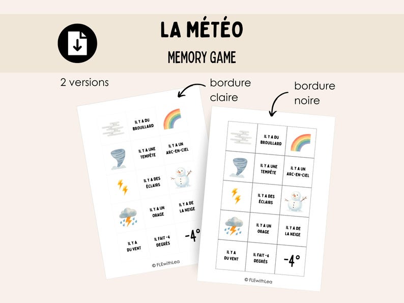 French Weather Class Games Printable | French Memory Matching Activity ...