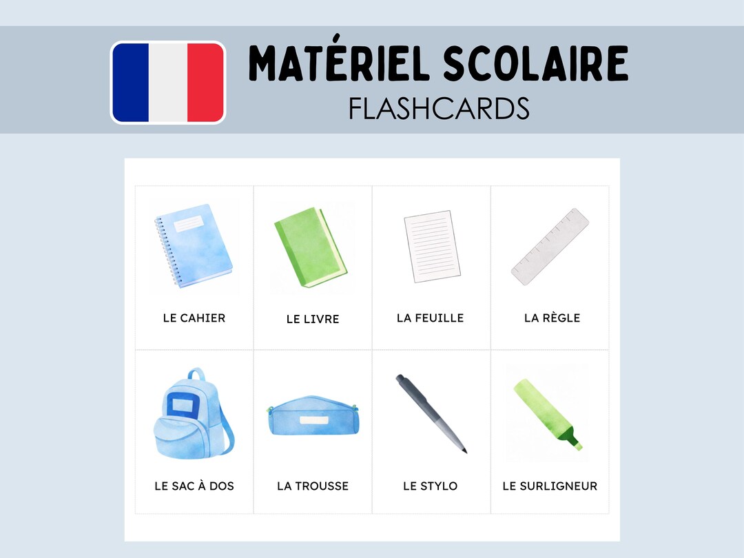 French School Supplies Flashcards, A1 French Vocabulary Cards ...