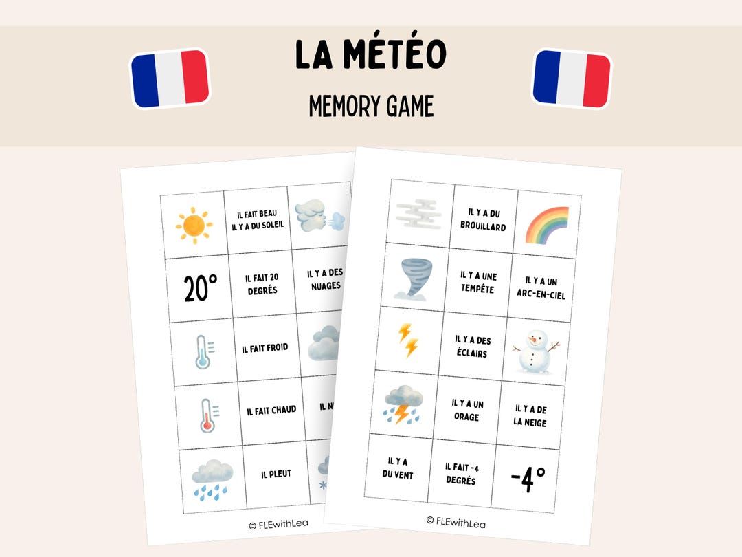 French Weather Class Games Printable | French Memory Matching Activity ...