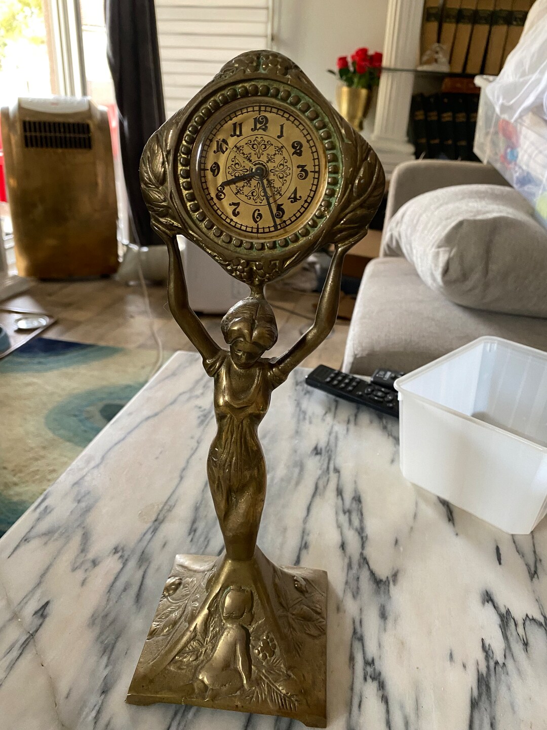 Brass Mantle Clock With Lady, Brass Table Clock Statue, Vintage Desk ...