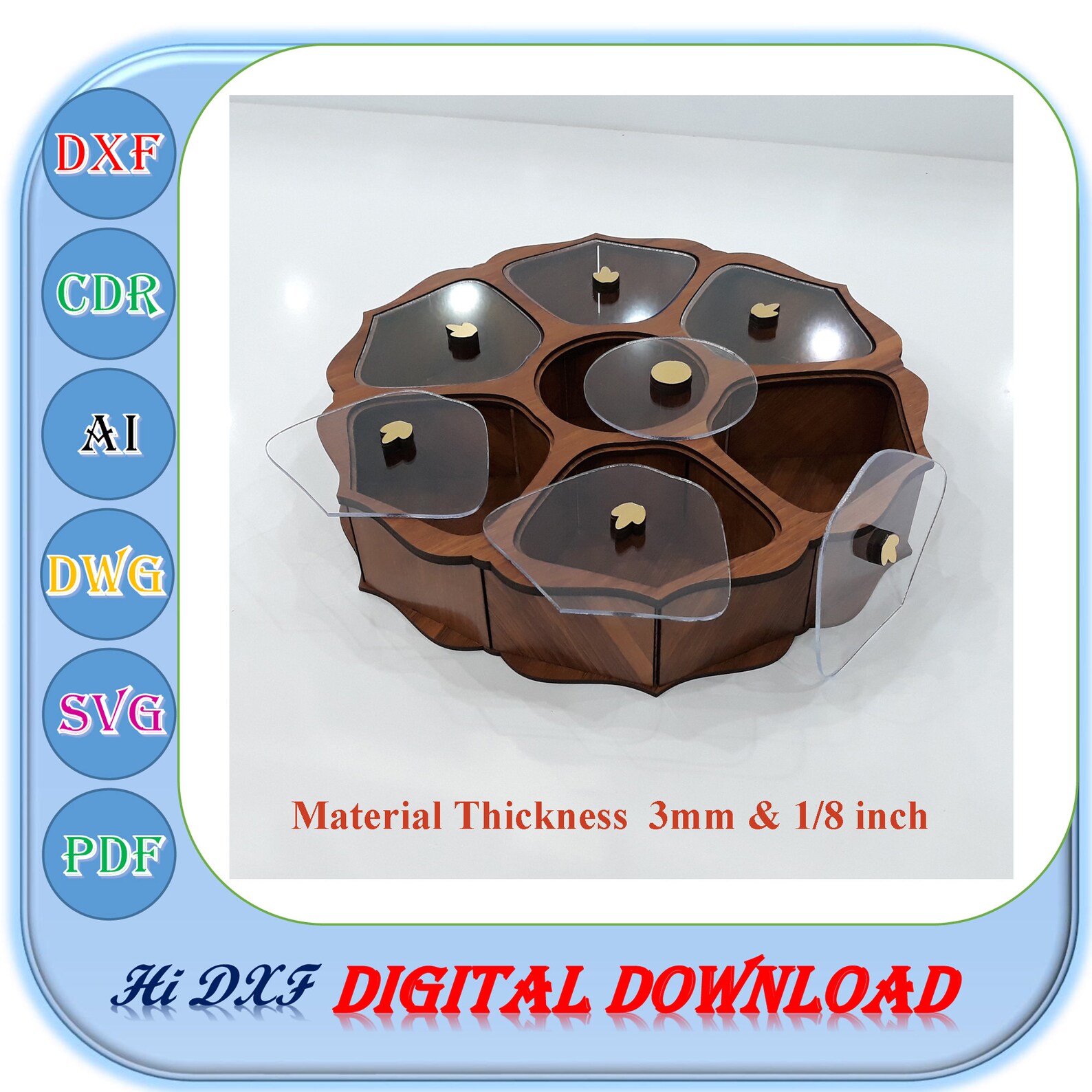 Wooden Round Box With Lid SVG Nut Serving Platter Laser Cut File 7 ...
