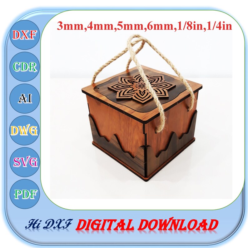 Wooden Box With Rope Handle SVG, Laser Cut Wooden Box, 3mm Box SVG, 4mm ...