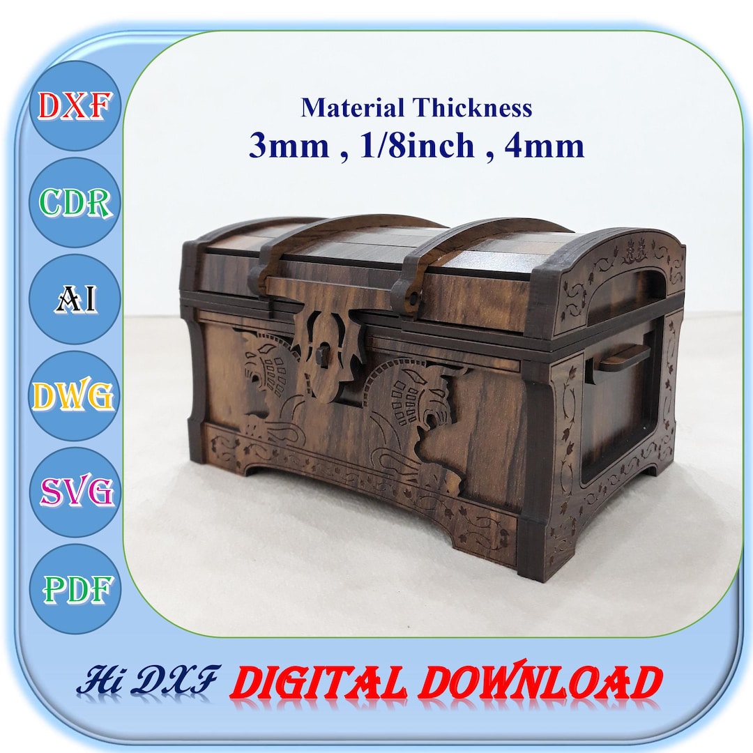 Laser Cut Treasure Chest Template, 3mm 1/8inch 4mm Wooden Chest Svg Dxf ...