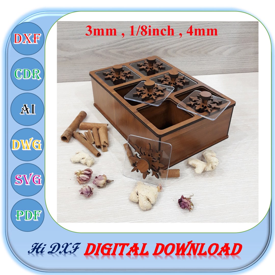 Wooden 6 Compartment Box With Lid Laser Cut File , 3mm , 1/8 Inch & 4mm ...