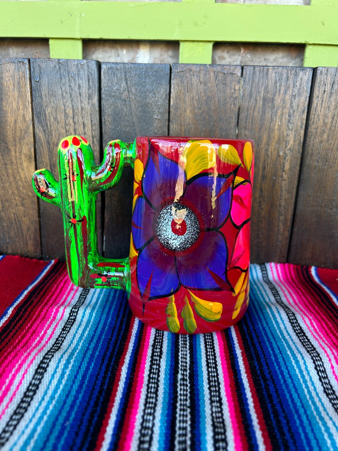 Mexican Artisan Talavera Floral Cactus Handle Large Mug - Etsy