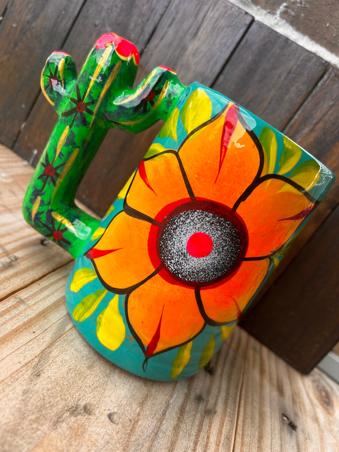 Mexican Artisan Talavera Floral Cactus Handle Large Mug - Etsy