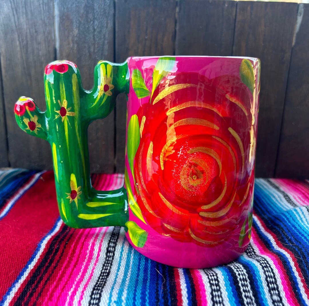 Mexican Artisan Talavera Floral Rose Cactus Handle Large Mug - Etsy
