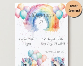 Editable Pastel Unicorn Birthday Invitation Template: Instant Download ...