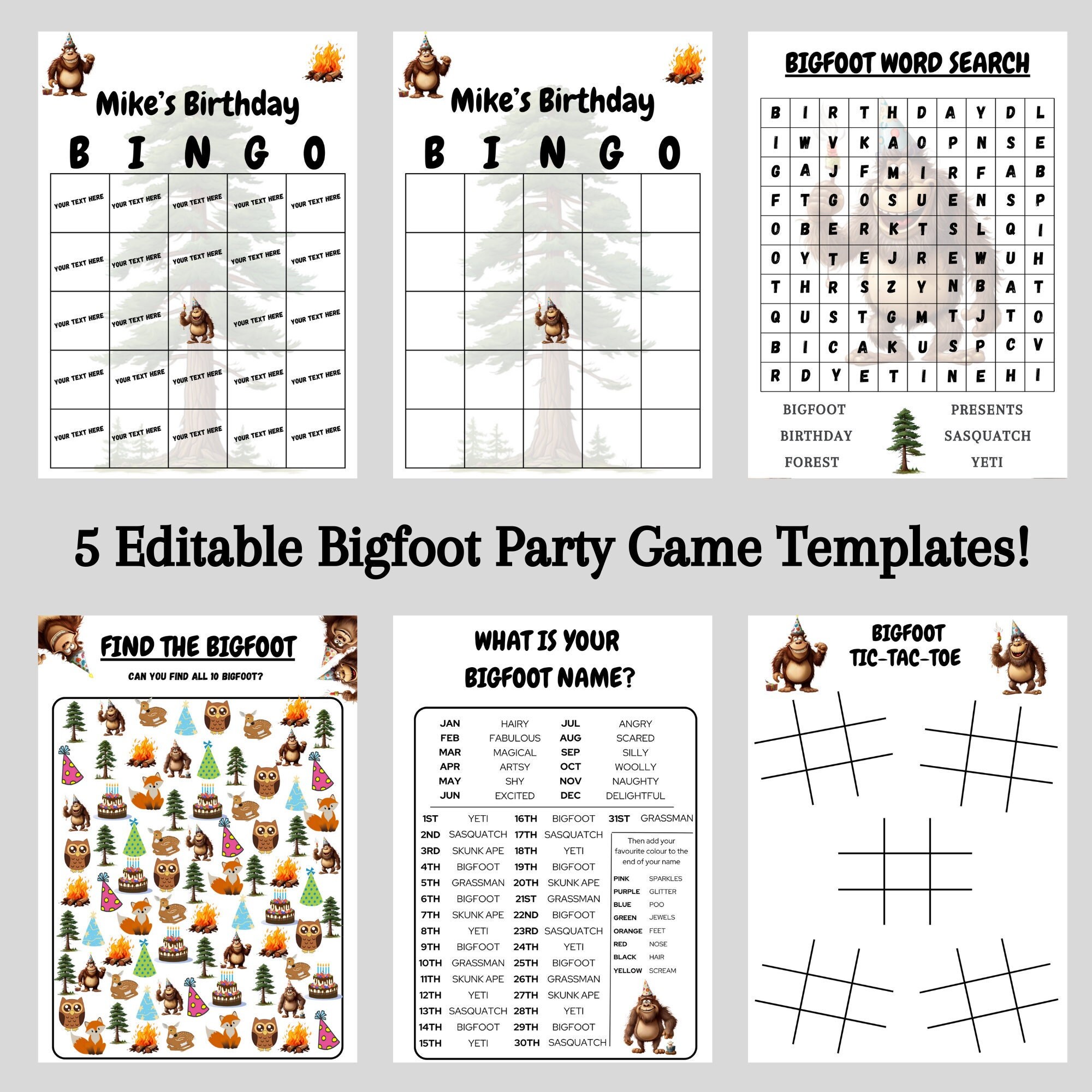 Bigfoot Themed Birthday Party Game Templates, INSTANT DOWNLOAD, 5 ...