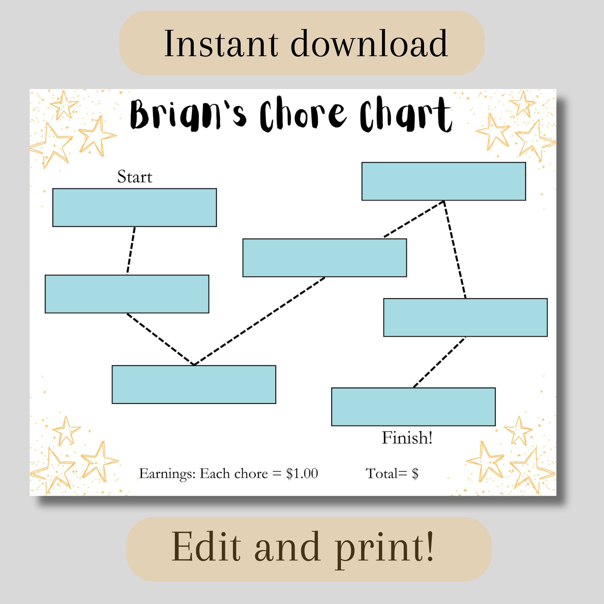 Kids Chore Chart Template, INSTANT DOWNLOAD, Editable Star Themed ...