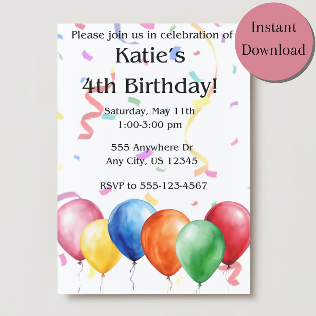 Balloon Birthday Invitation Template, INSTANT DOWNLOAD, Editable Kid or ...