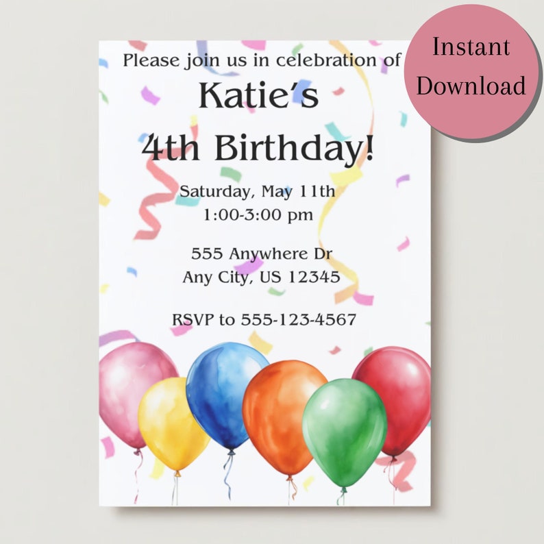 Balloon Birthday Invitation Template, INSTANT DOWNLOAD, Editable Kid or ...