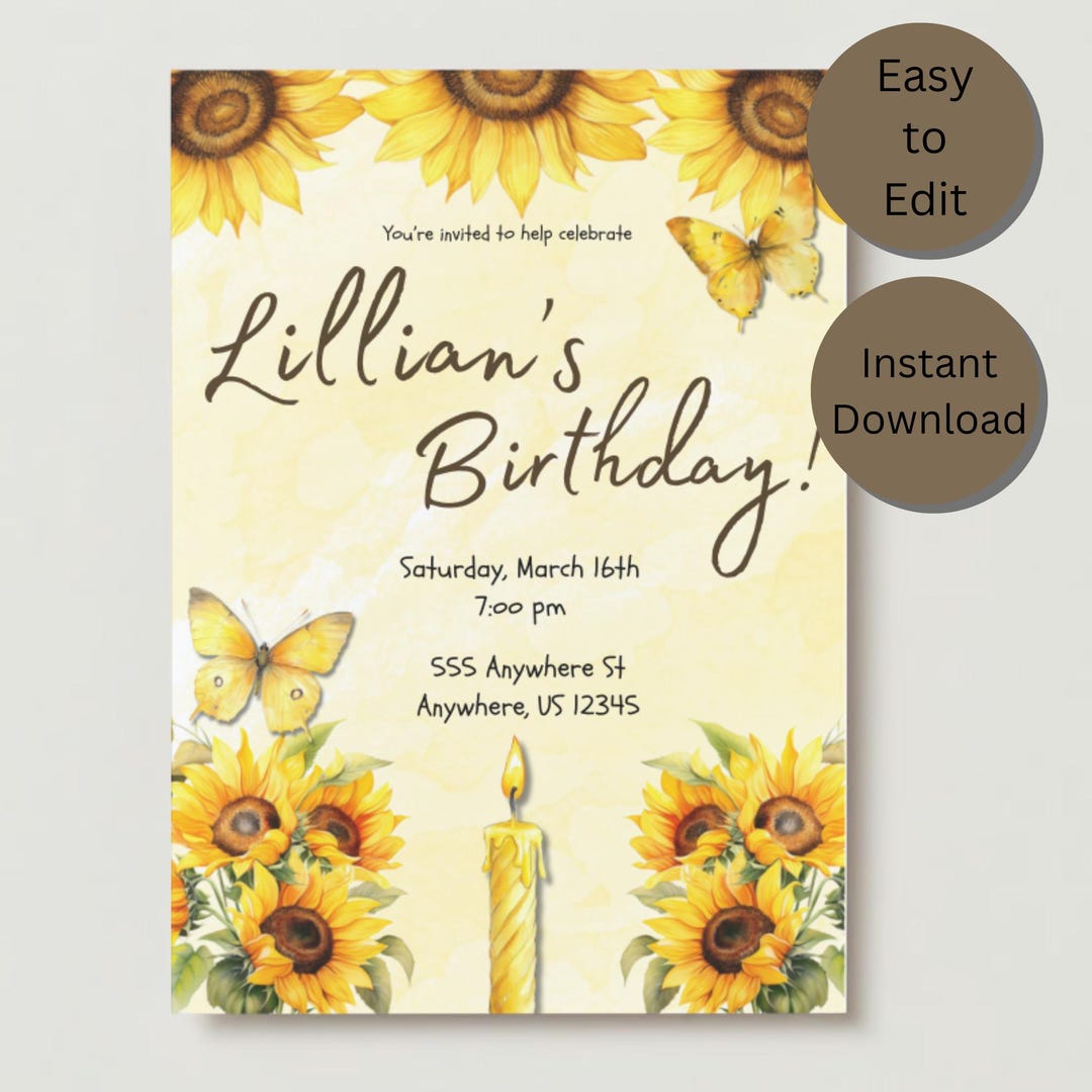 Yellow Themed Birthday Party Invitation, INSTANT DOWNLOAD, Sunflowers ...
