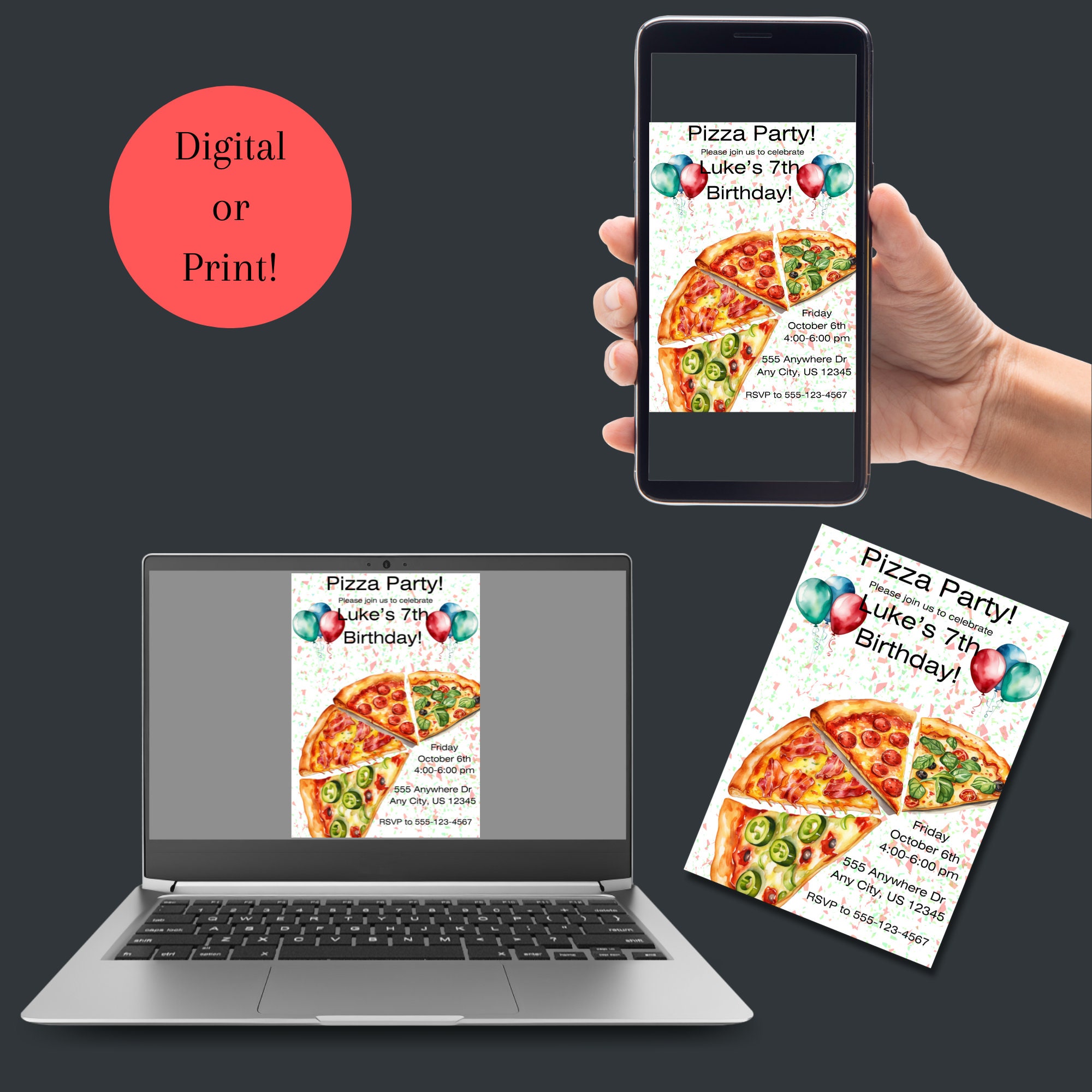 Pizza Party Themed Invitation Template, INSTANT DOWNLOAD, Editable ...