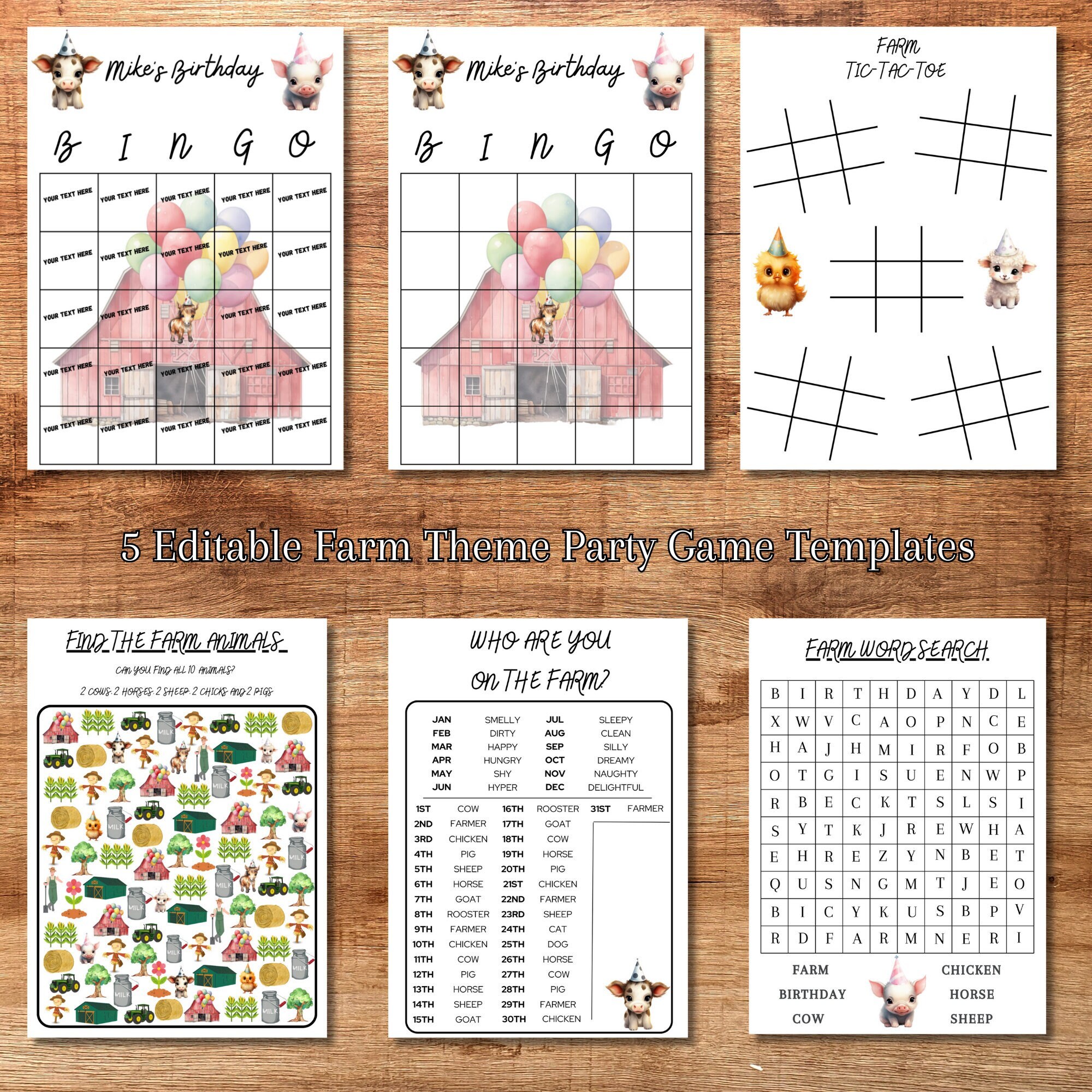 Farm Birthday Game Templates, INSTANT DOWNLOAD, 5 Editable Party Game ...