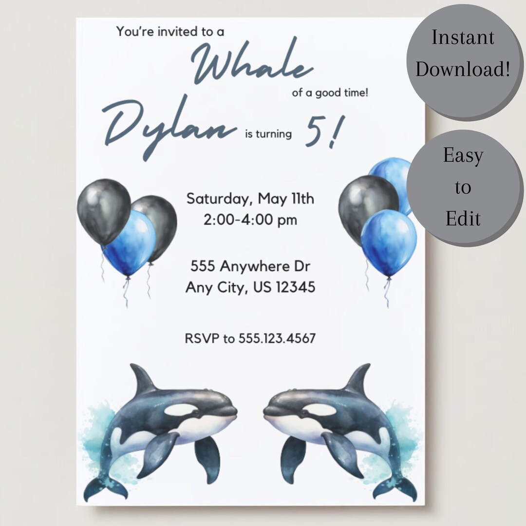 Whale Birthday Invitation, INSTANT DOWNLOAD, Editable, Printable Orca ...