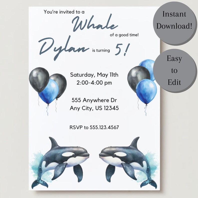 Whale Birthday Invitation, INSTANT DOWNLOAD, Editable, Printable Orca ...