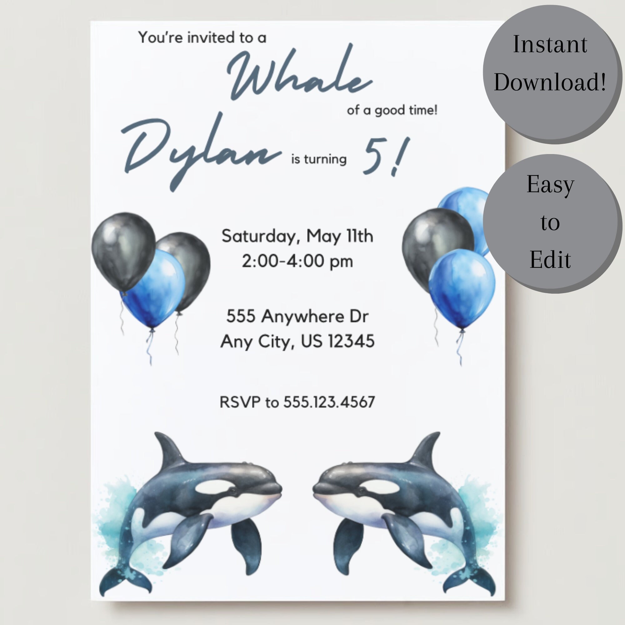 Whale Birthday Invitation, INSTANT DOWNLOAD, Editable, Printable Orca ...