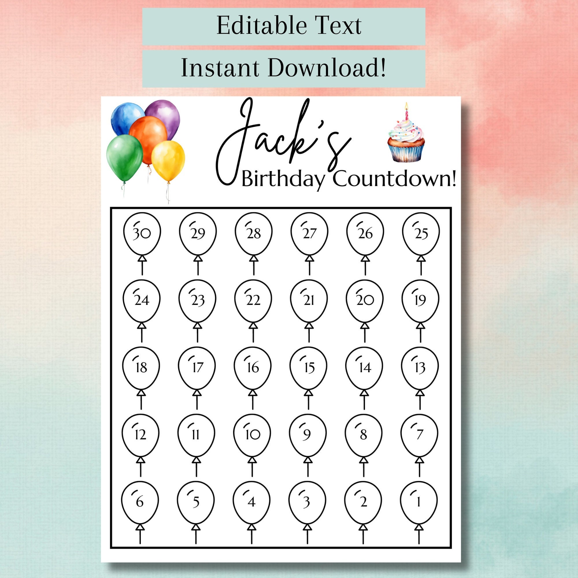 Birthday Countdown Template, INSTANT DOWNLOAD, Editable, Printable, 30 Day Chart - Etsy
