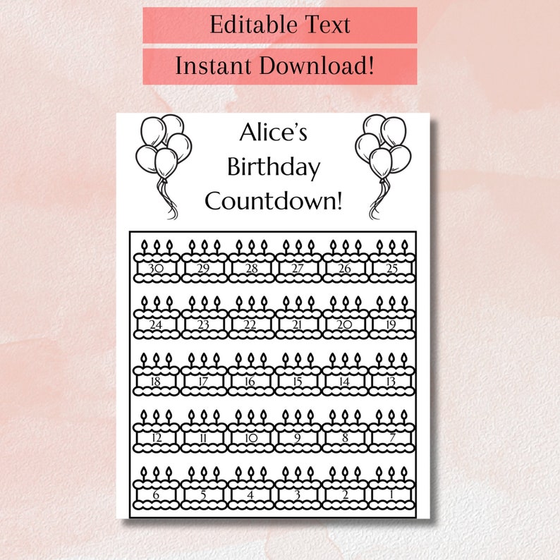 Birthday Countdown Template, INSTANT DOWNLOAD, Editable, Printable ...