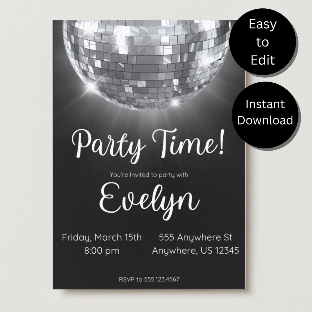 Disco Ball Party Invitation, INSTANT DOWNLOAD, Themed, Birthday ...