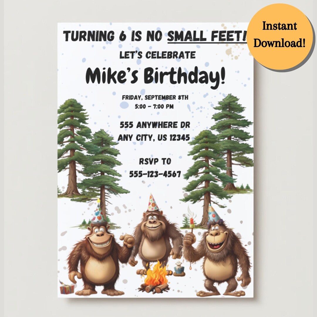 Bigfoot Birthday Invitation Template, INSTANT DOWNLOAD, Editable ...