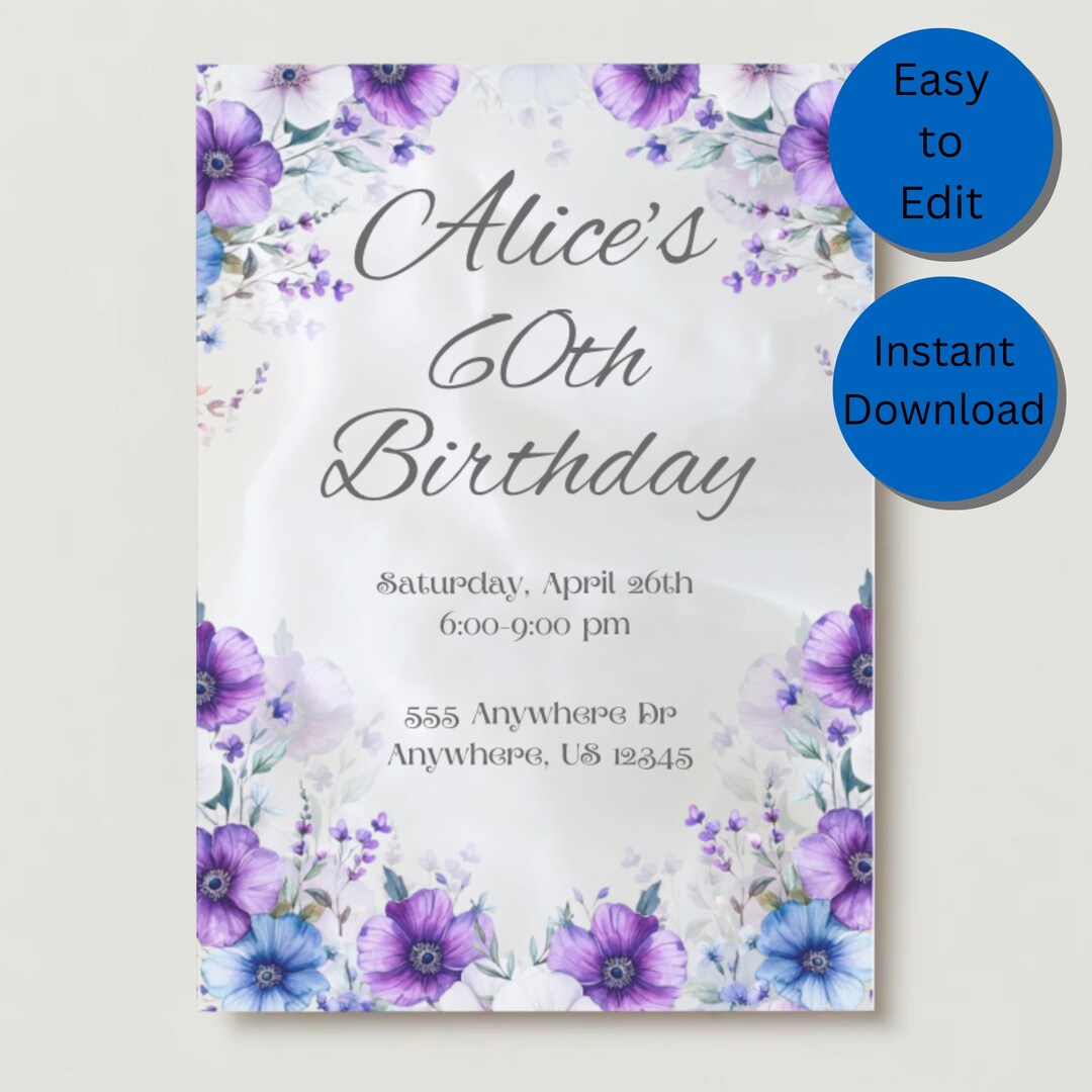 Flower Birthday Party Invitation, INSTANT DOWNLOAD, Watercolor, Pretty ...