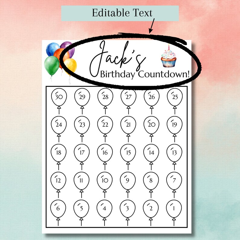 Birthday Countdown Template, INSTANT DOWNLOAD, Editable, Printable, 30 ...