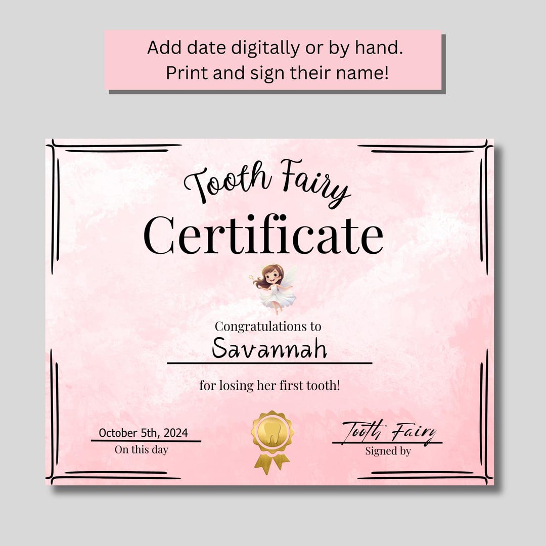 Tooth Fairy Certificate, First Tooth, Milestone, Printable, Pink - Etsy