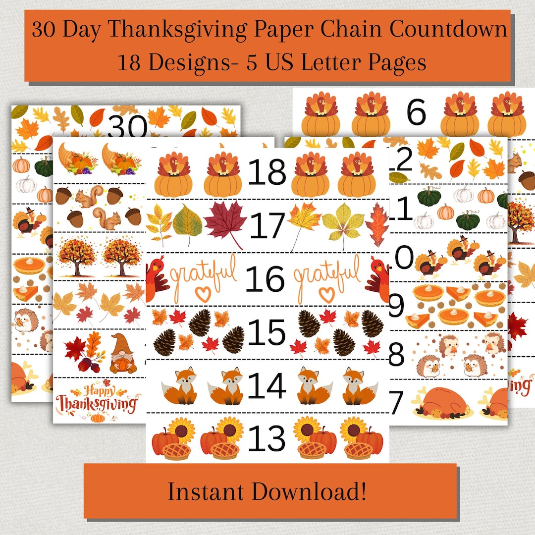 Thanksgiving Paper Chain Countdown, INSTANT DOWNLOAD, Print and Cut, 30 ...