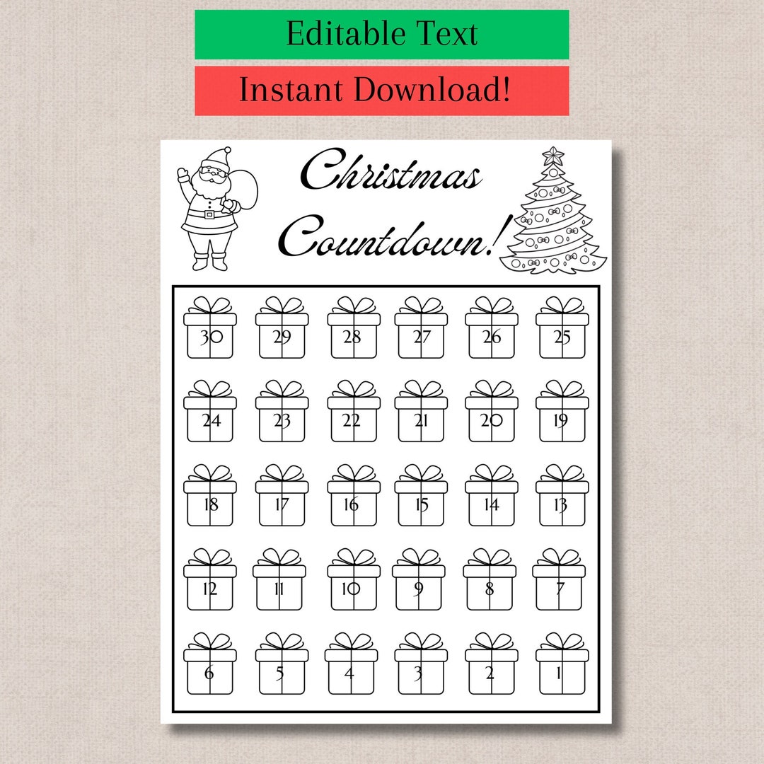 Christmas Countdown Template, INSTANT DOWNLOAD, Editable 30 Day Color ...