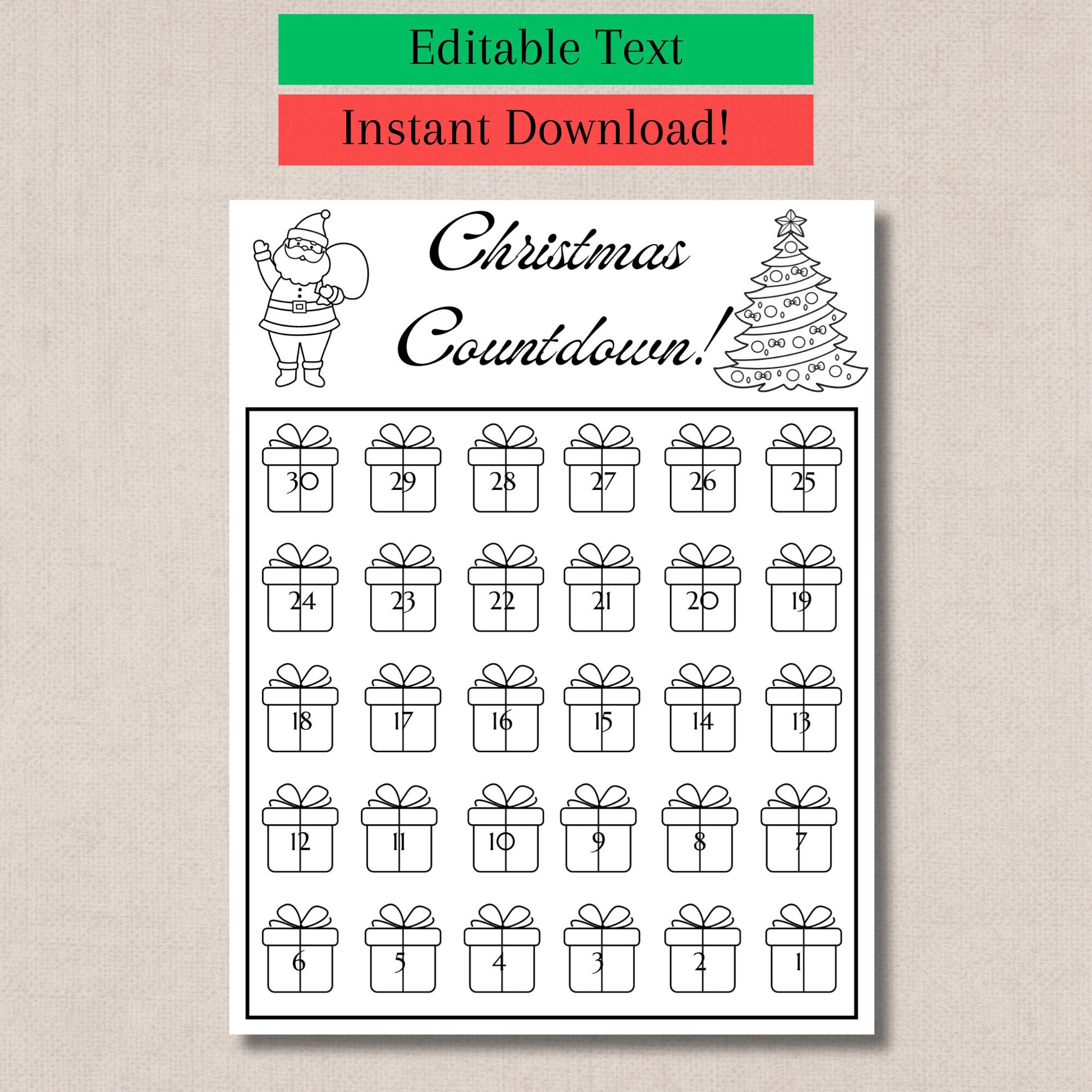 Christmas Countdown Template, INSTANT DOWNLOAD, Editable 30 Day Color ...