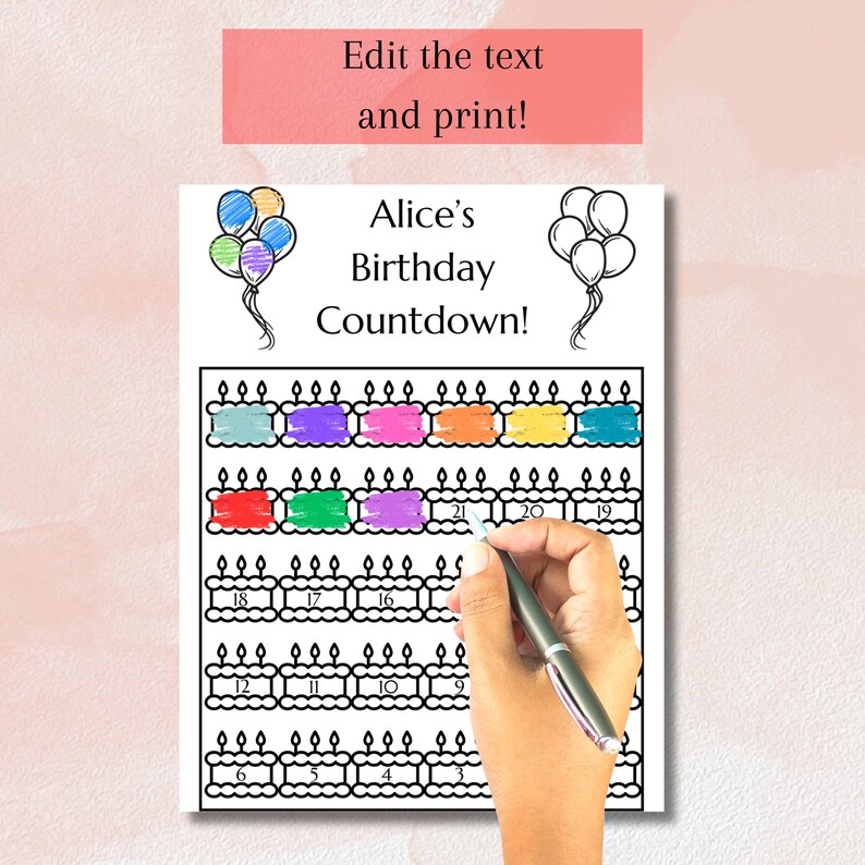 Birthday Countdown Template, INSTANT DOWNLOAD, Editable, Printable ...