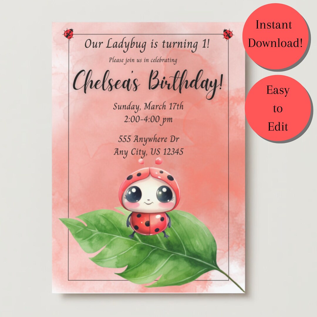 Ladybug Theme Birthday Party Invitation Template, INSTANT DOWNLOAD ...