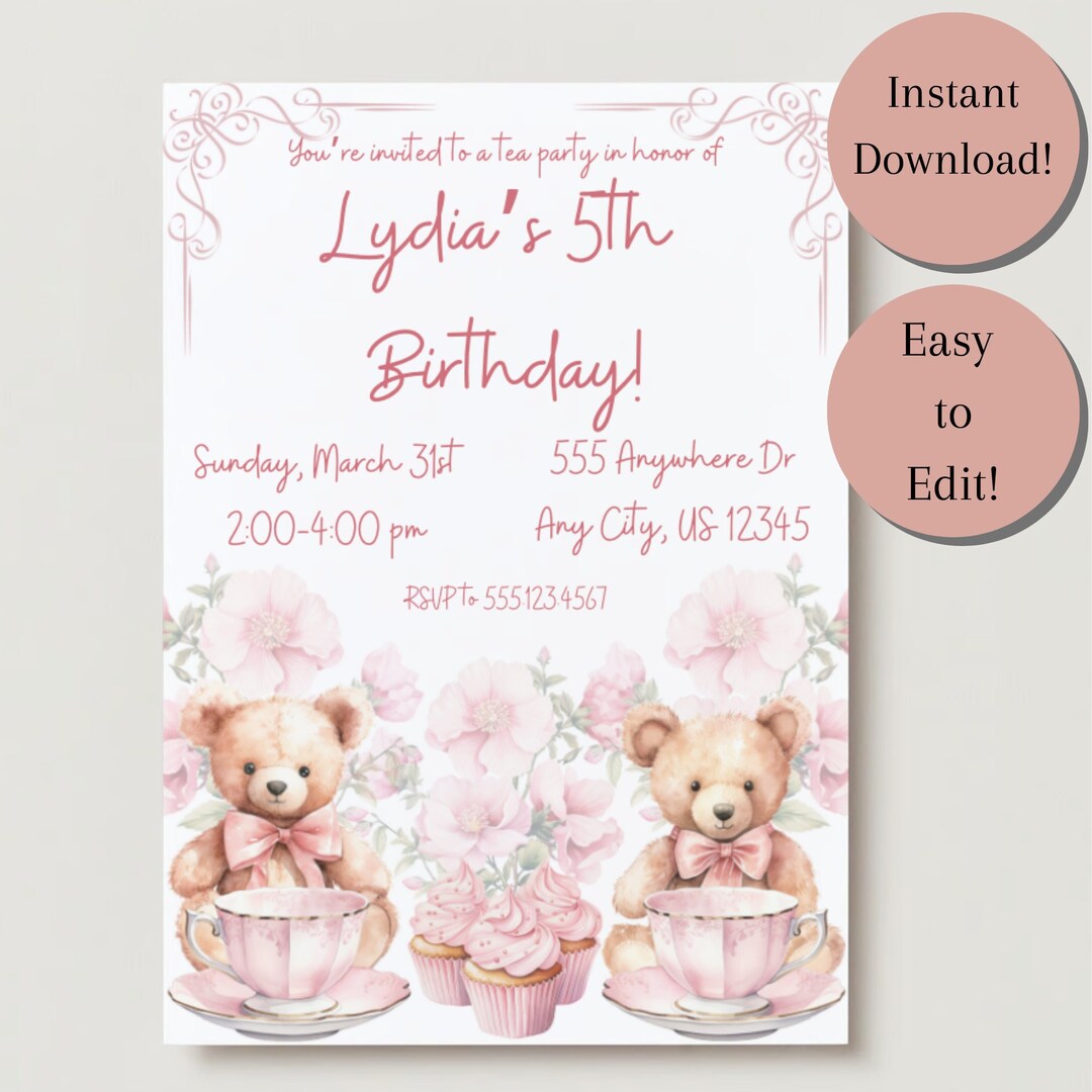 Tea Party Birthday Invitation Template, INSTANT DOWNLOAD, Editable ...