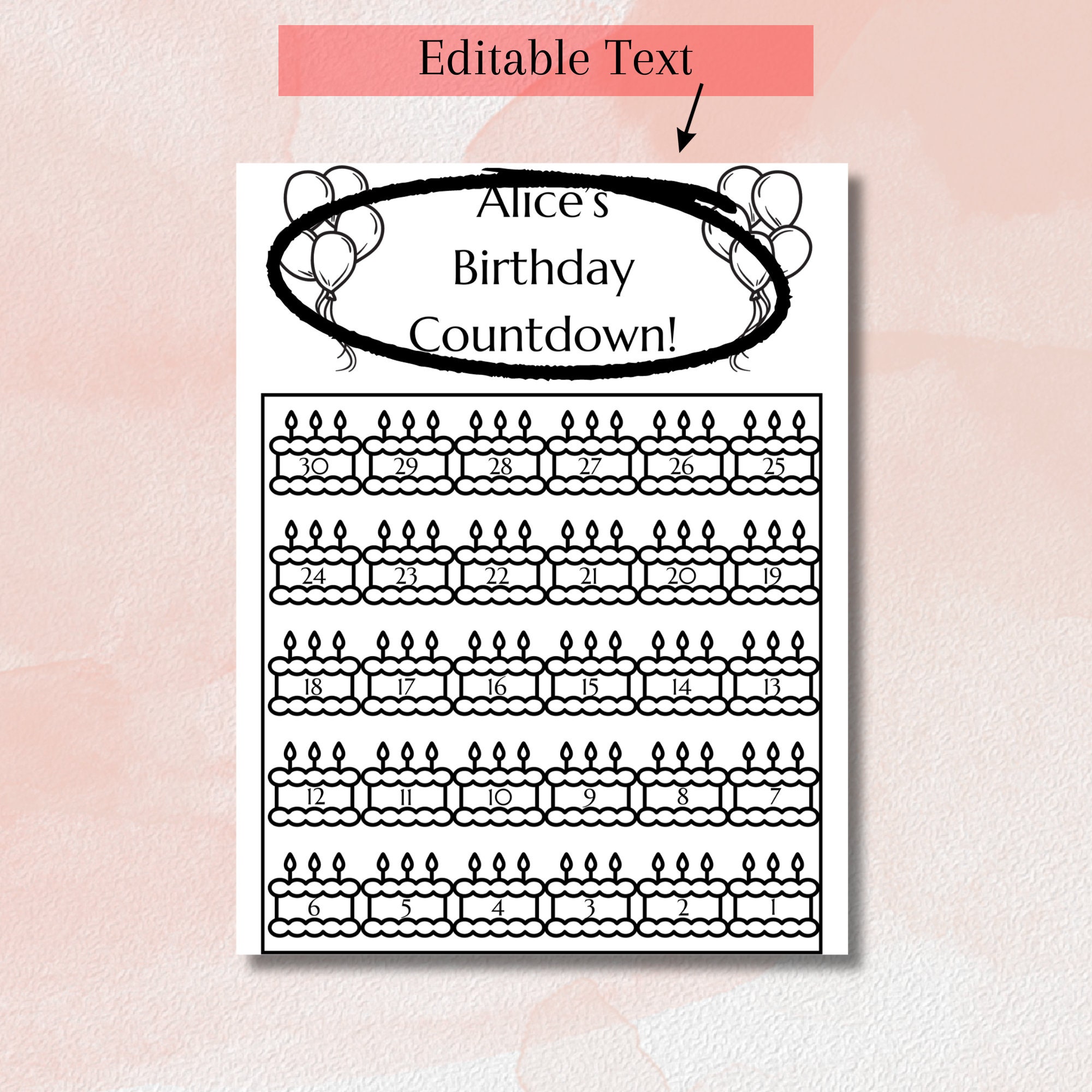 Birthday Countdown Template, INSTANT DOWNLOAD, Editable, Printable ...