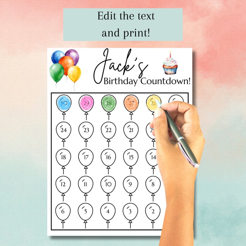 Birthday Countdown Template, INSTANT DOWNLOAD, Editable, Printable, 30 ...