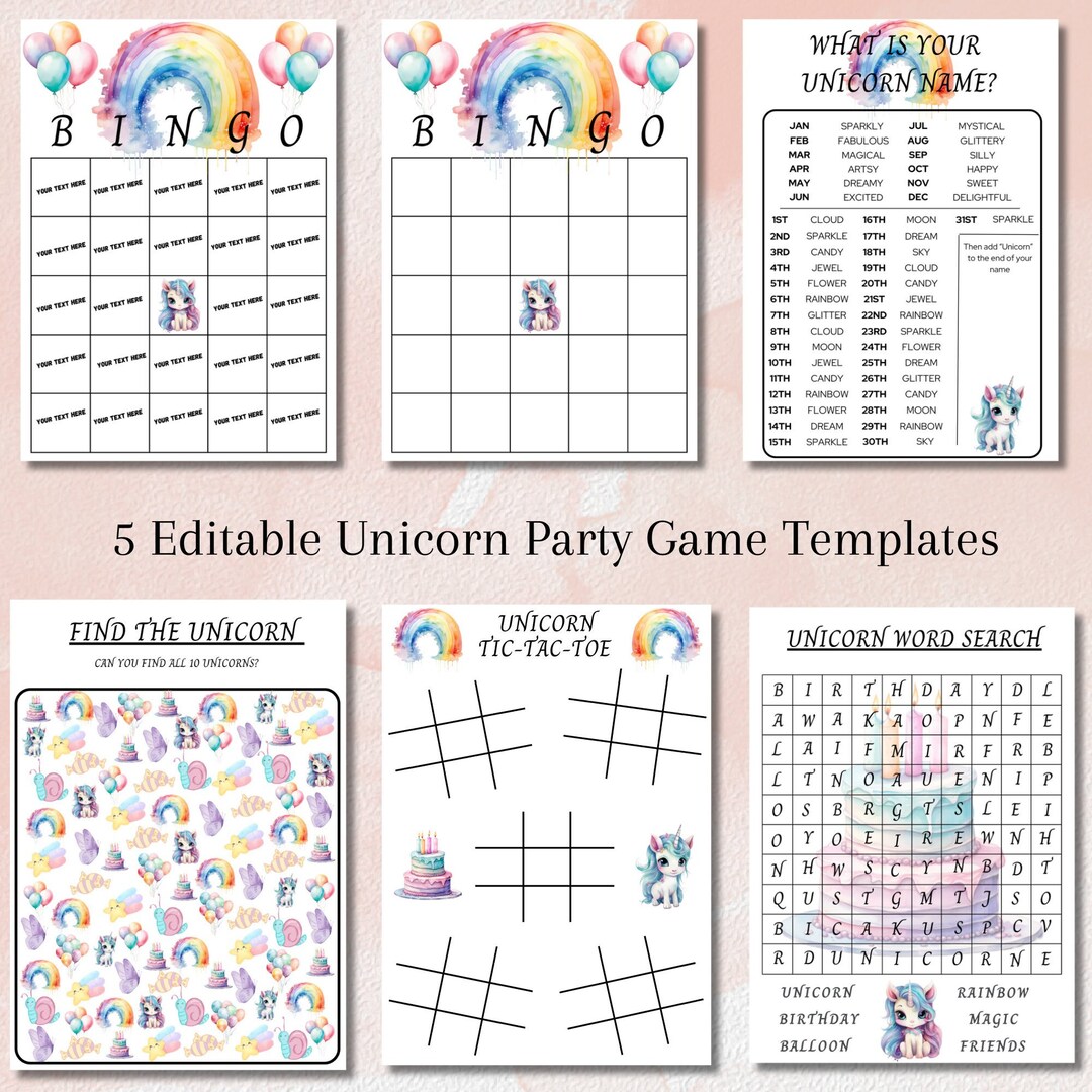 Unicorn Themed Birthday Party Game Templates, INSTANT DOWNLOAD, 5 ...
